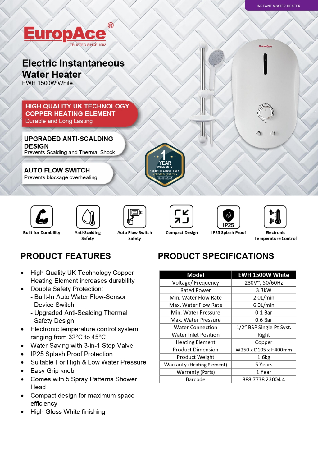 EuropAce Instant Shower Heater - EWH 1500W | Shopee Singapore