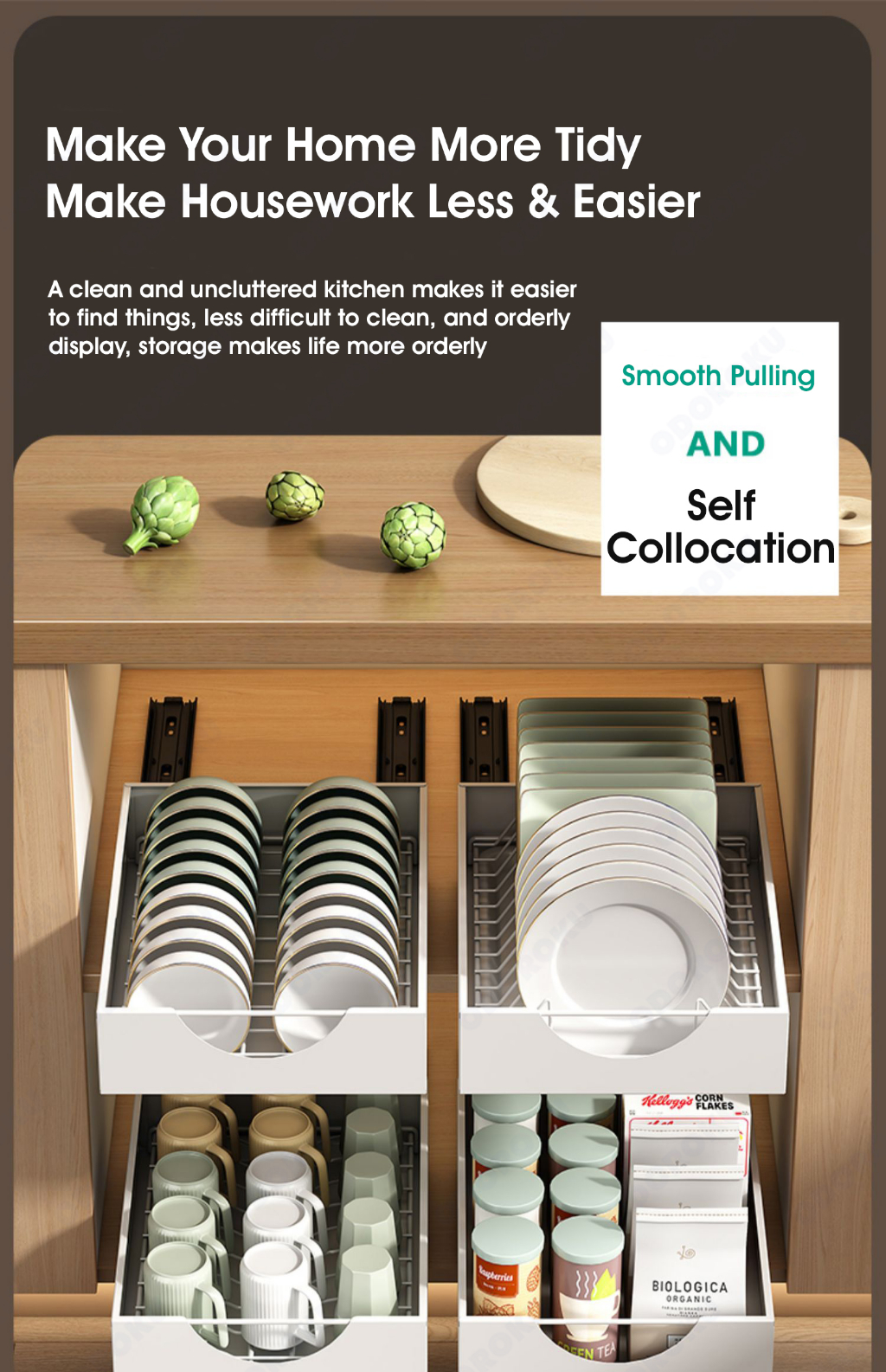 ODOROKU Sliding Cabinet Drawer Rack For Dishes Plates Bowl Organizer ...