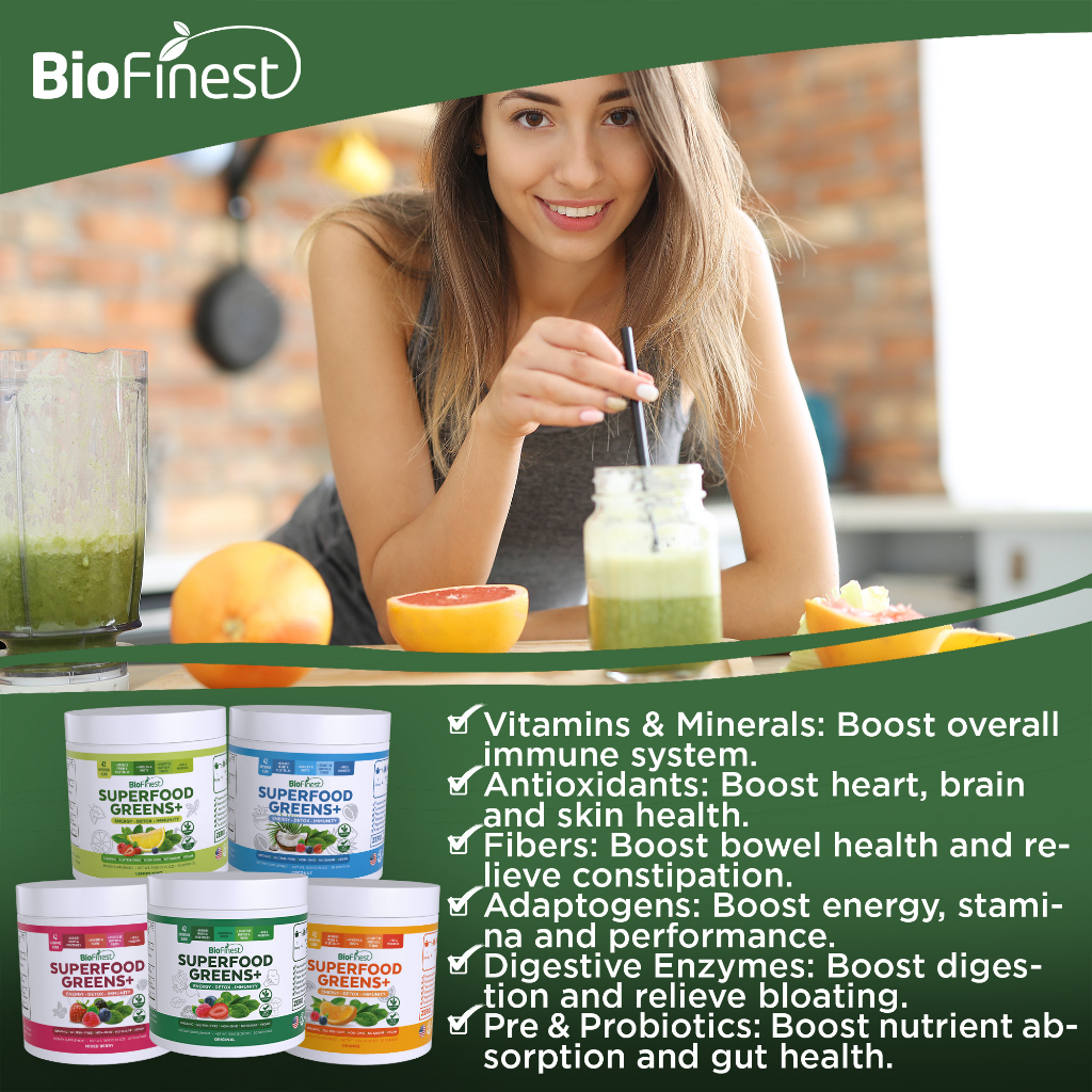 Biofinest Superfood Greens+ Powder Drink Probiotics Enzymes Fibers Acai ...