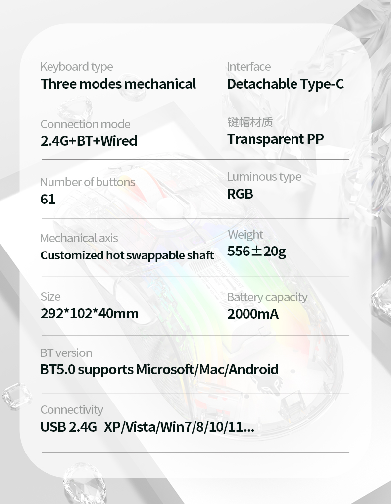 Transparent Wireless Keyboard Bluetooth Mechanical 61 Keys Keyboard for ...