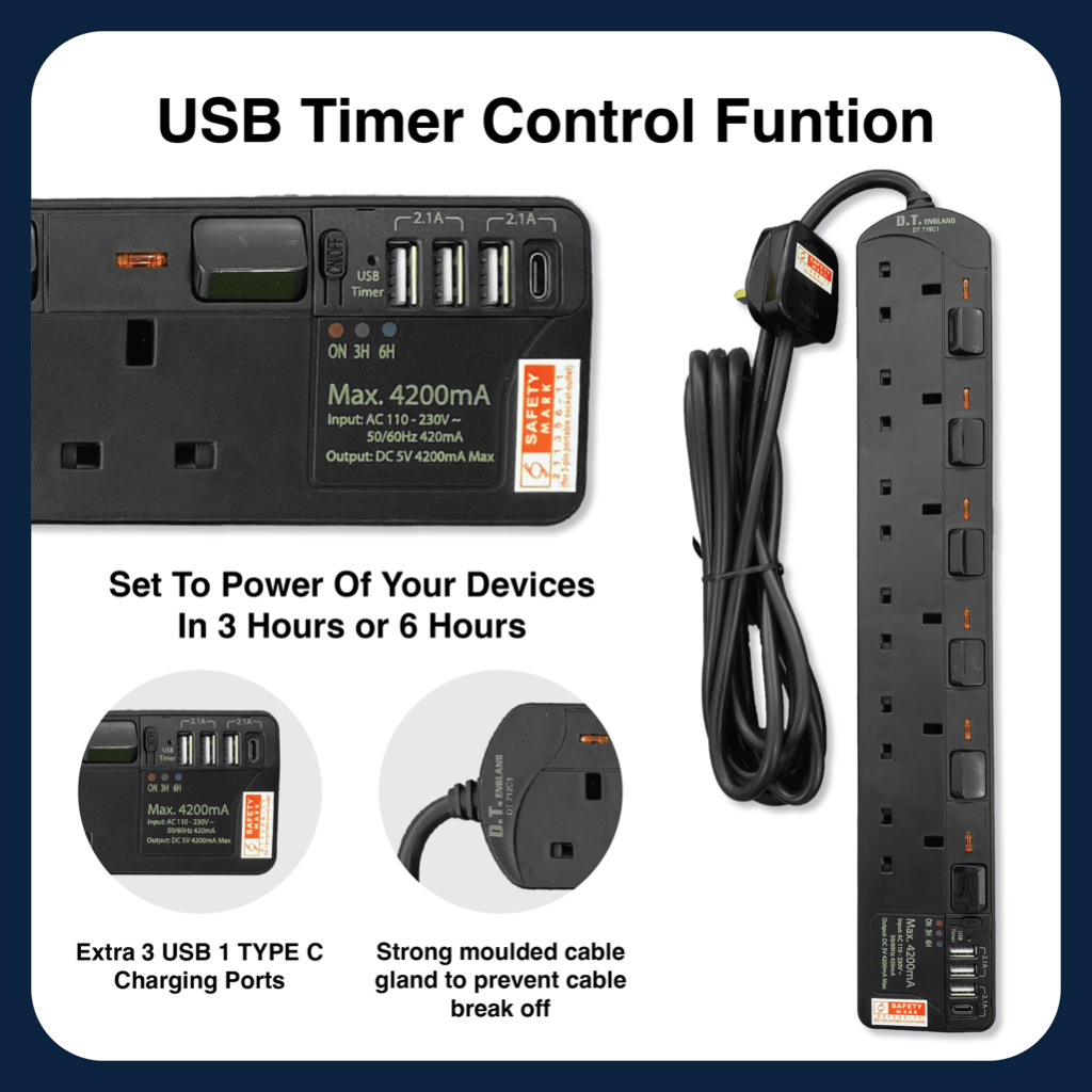 [BLACK SERIES] DT England TYPE C Charger and 4 USB Timer Extension ...