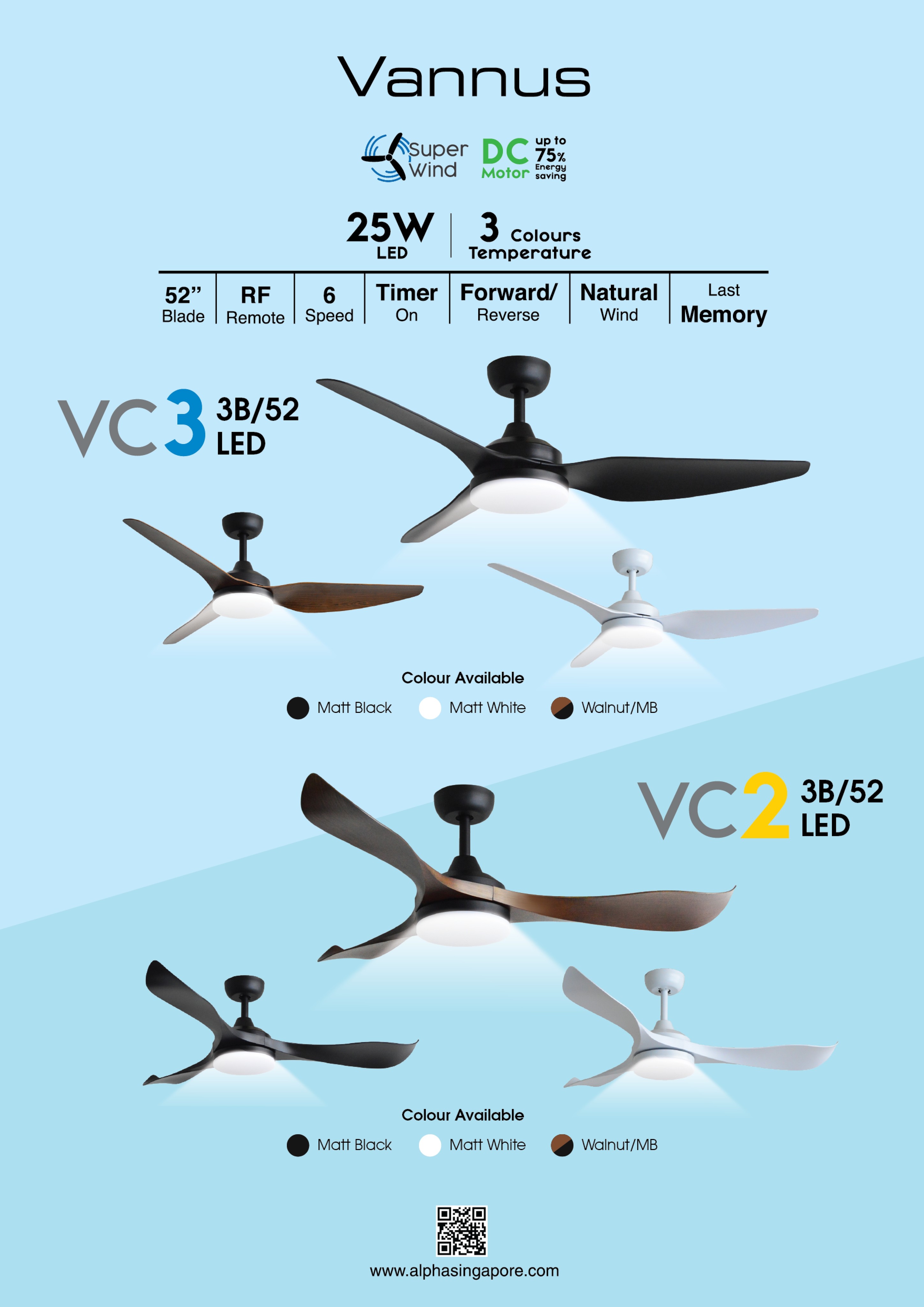ALPHA VC2 / VC3 3 BLADES 52 Inch DC Motor Ceiling Fan with 3 Tone LED ...
