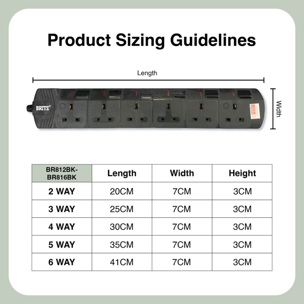 BRITZ 2M Extension Socket Cord Overload Protection ( 2 Metre ) 2/ 3/ 4 ...
