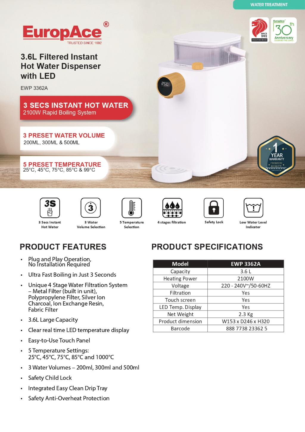 EuropAce 3.6L Filtered Instant Hot Water Dispenser With LED - EWP 3362A ...