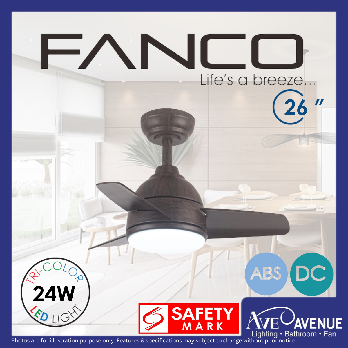 Fanco Co-Fan Bee DC Motor 3 Blade Ceiling Fan with 3 Tone LED Light Kit ...