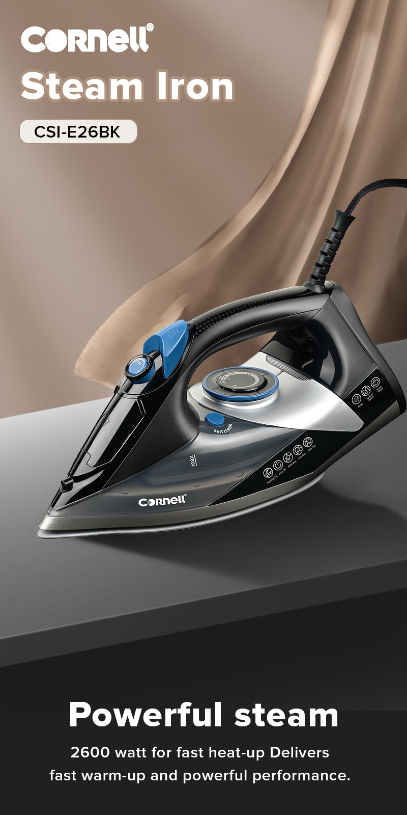 Cornell 2600W Electric Steam Iron with Auto Shut Off Function CSIE26BK ...