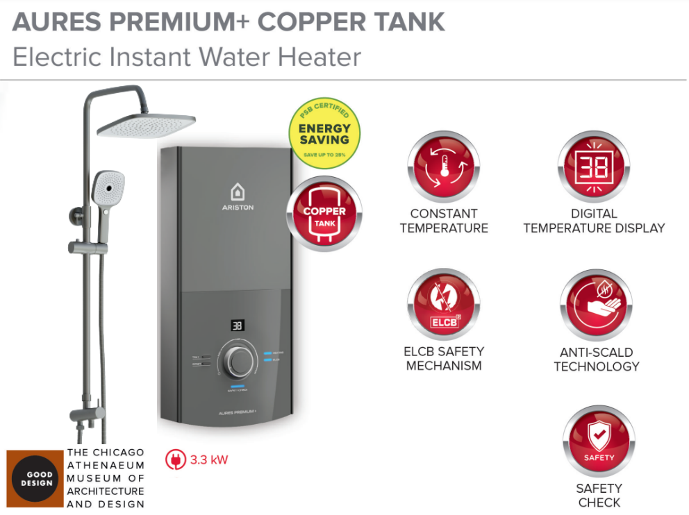 ARISTON ELECTIC INSTANT WATER HEATER WITH SQUARE RAIN SHOWER AURES ...