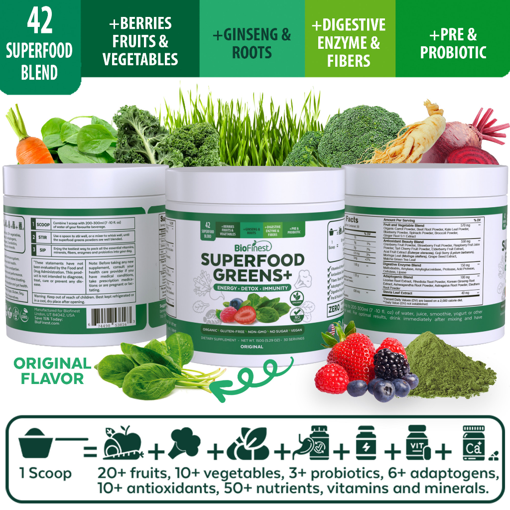 Biofinest Superfood Greens+ Powder Drink Probiotics Enzymes Fibers Acai ...