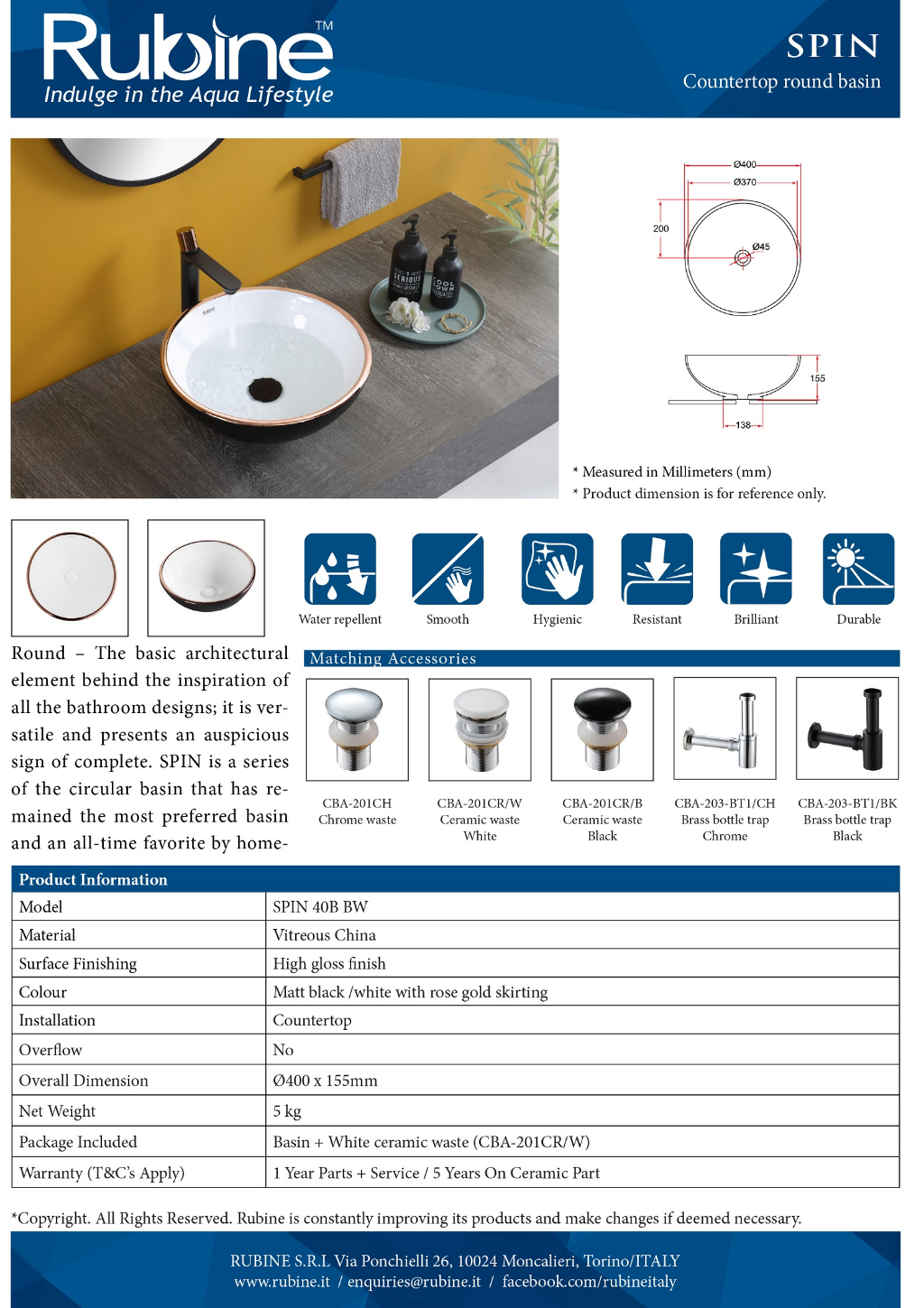 Rubine x sgPlumbMart SPIN 40B Countertop Ceramic Basin 400x400x155mm ...