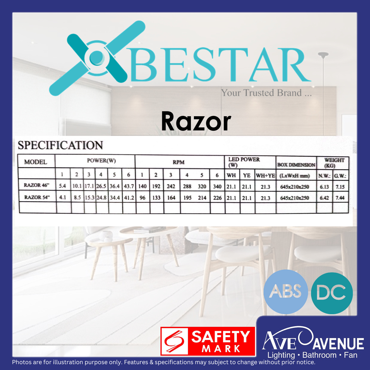 BESTAR RAZOR Smart WiFi DC Motor 46/54 Inch Ceiling Fan 3Blade with ...