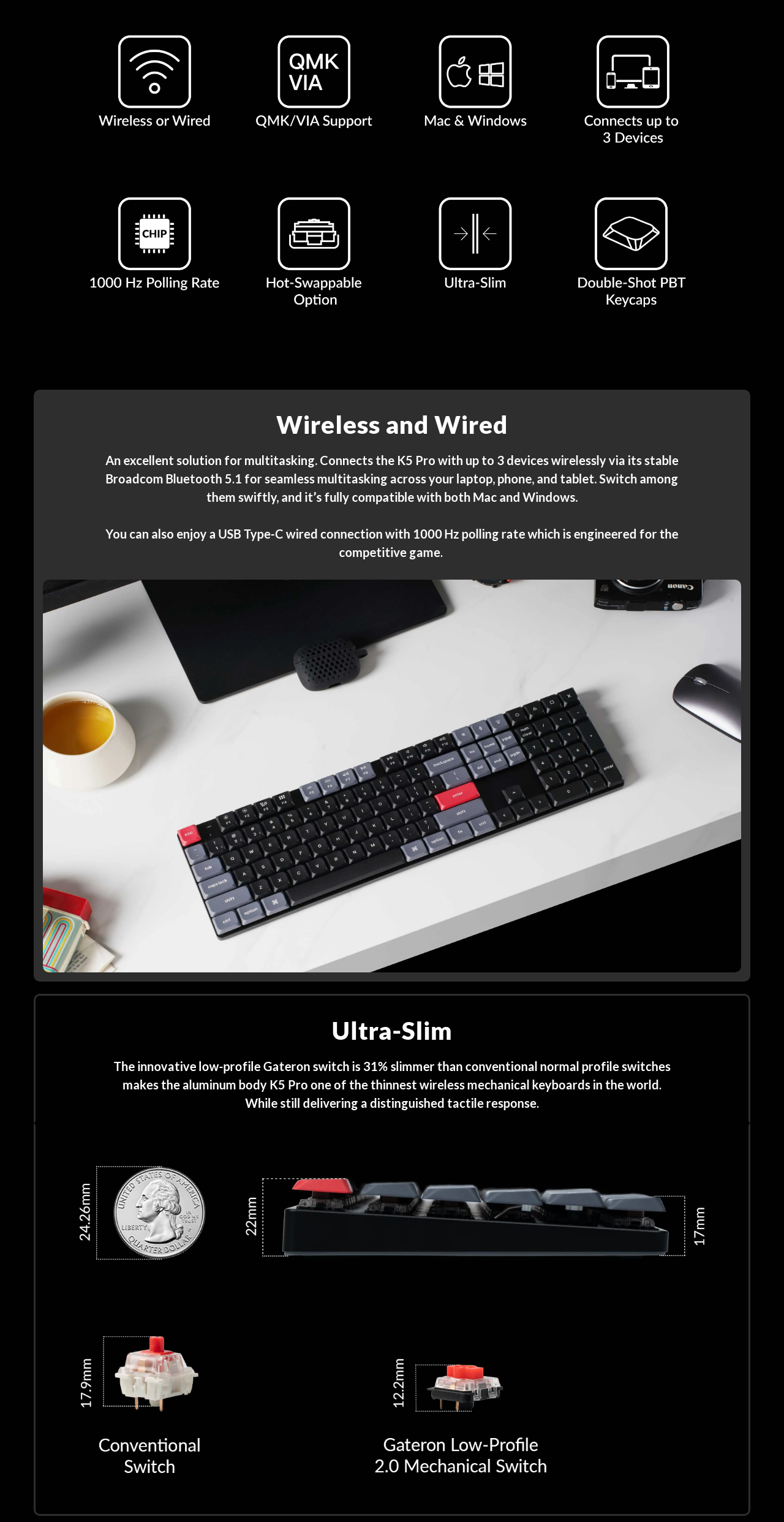 Keychron K Pro Series (QMK) Low Profile Wireless Mechanical Keyboard ...