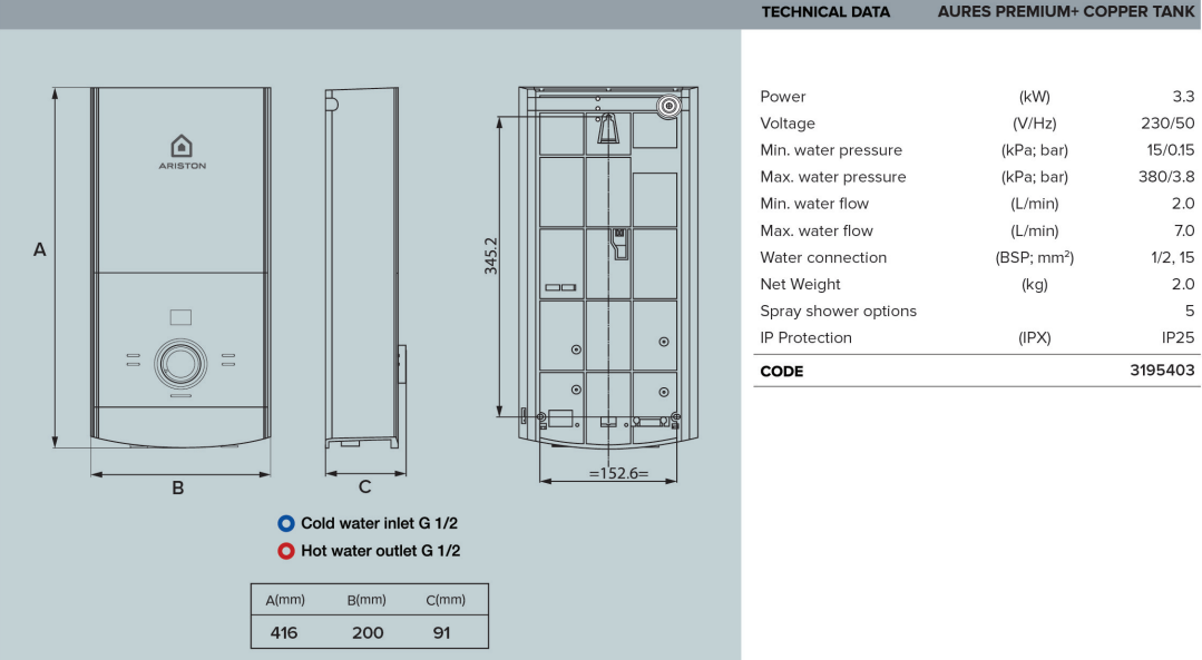 ARISTON ELECTIC INSTANT WATER HEATER WITH SQUARE RAIN SHOWER AURES ...