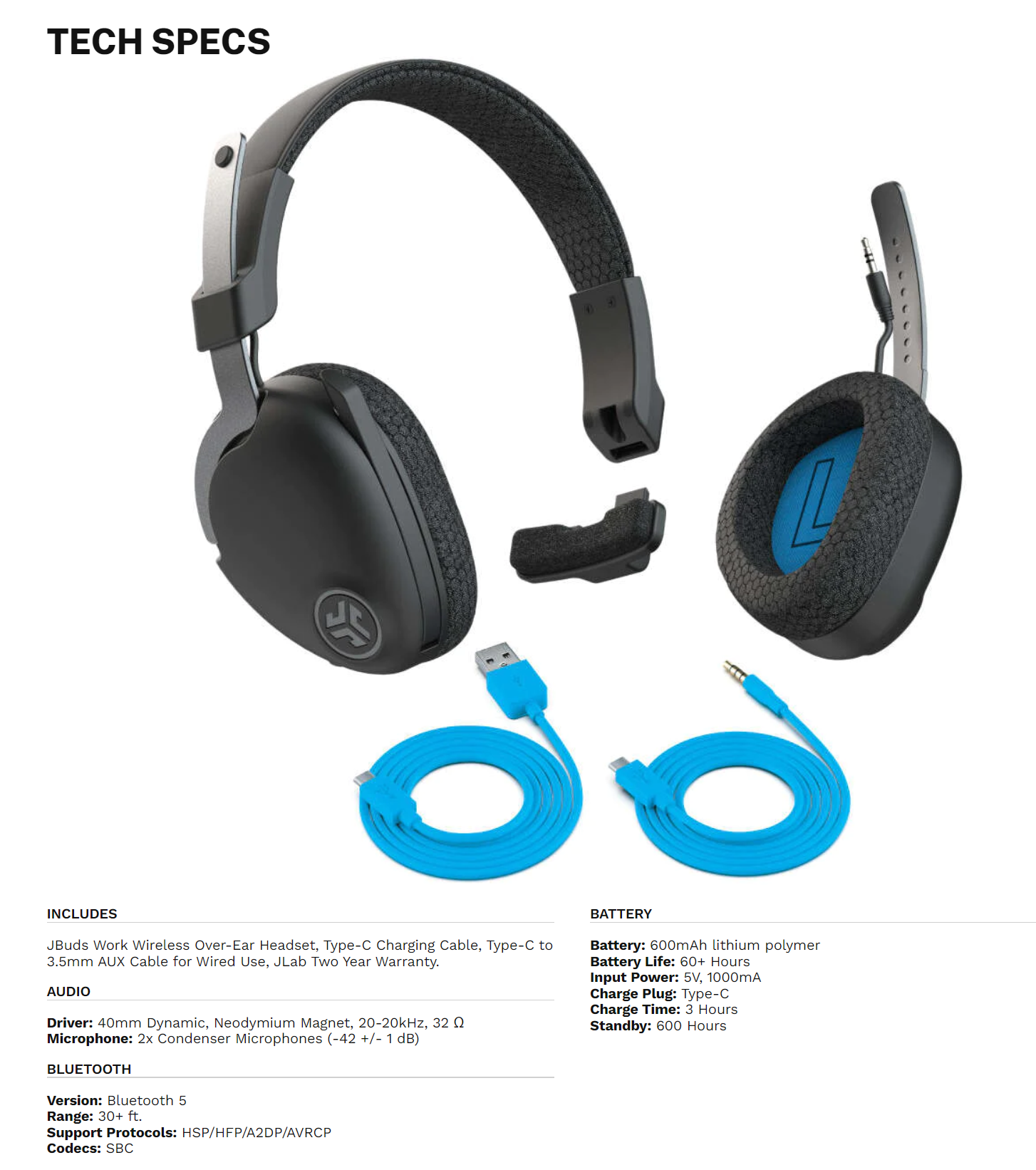 JLAB Jbuds Work wireless+wired headphone with 60+ hours playtime and ...