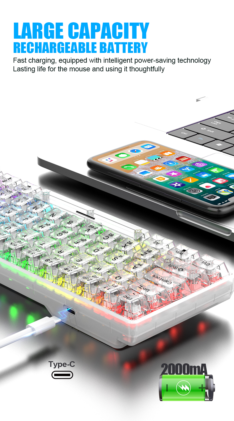 Transparent Wireless Keyboard Bluetooth Mechanical 61 Keys Keyboard for ...