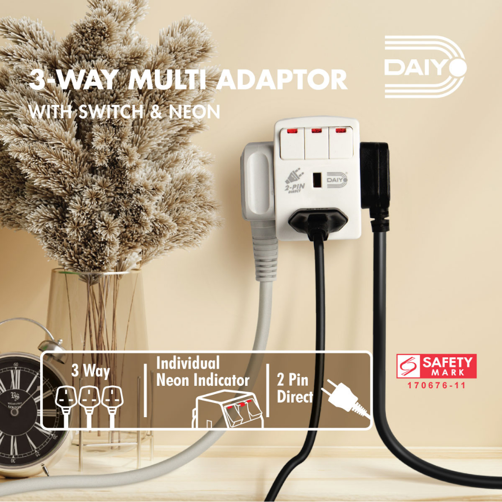 Daiyo DE 291 3 Way Multi Adaptor With Switch & Neon | Shopee Singapore