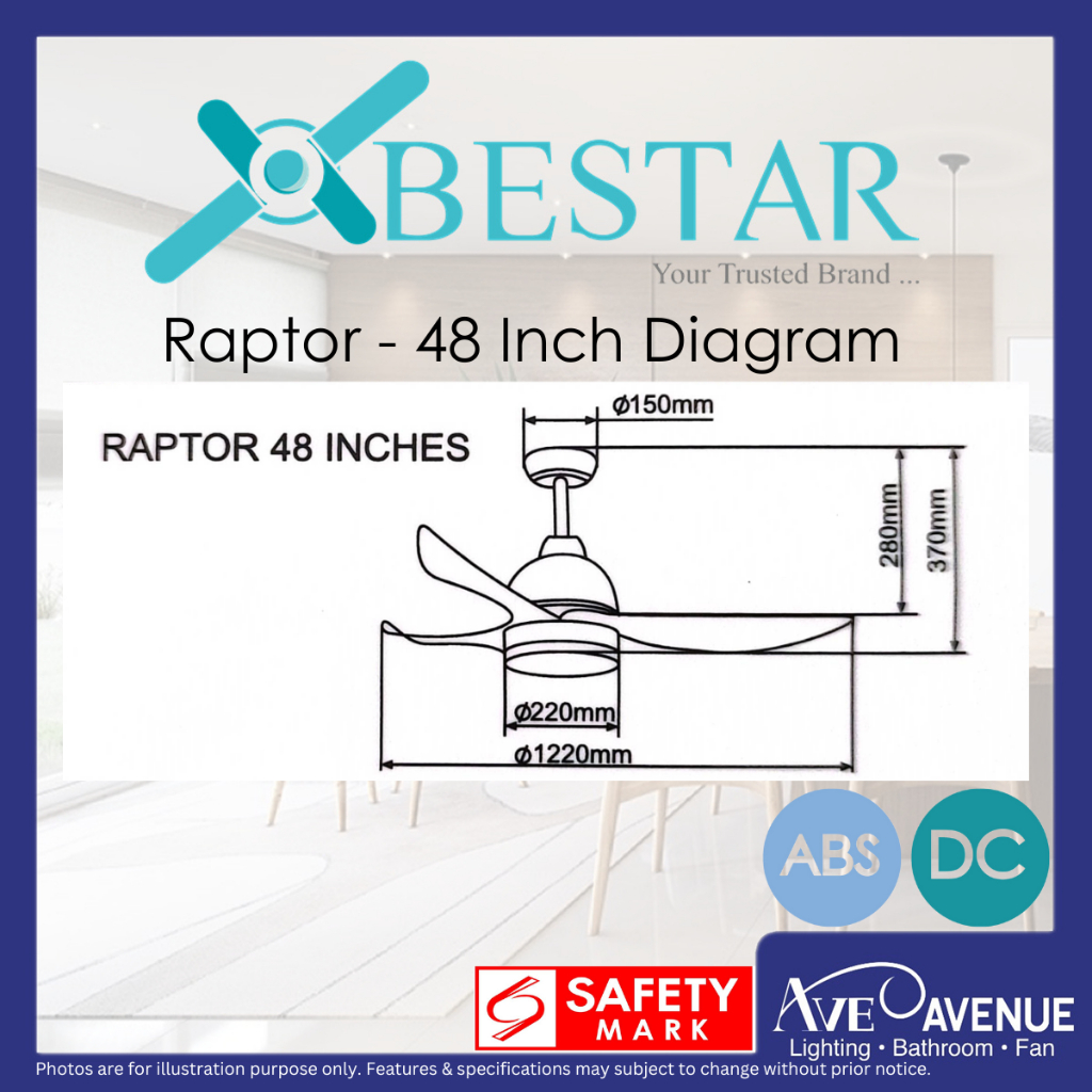 BESTAR RAPTOR DC Motor 3 Blade Ceiling Fan with 3 Tone LED Light Kit ...