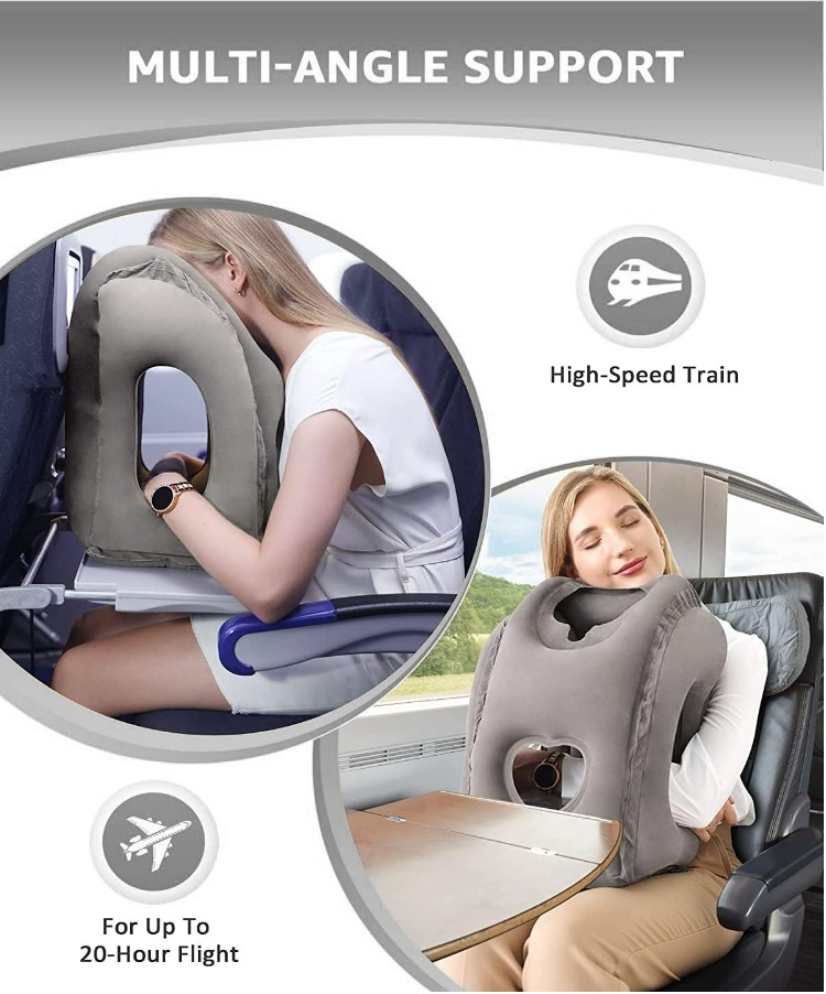 Inflatable Travel Pillow, Airplane Neck Pillow Supports Head and Chin ...