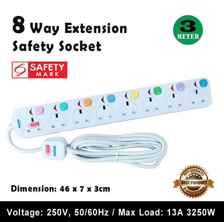 8 Way Extension Safety Socket with Safety Mark (3 Meter) | Shopee Singapore