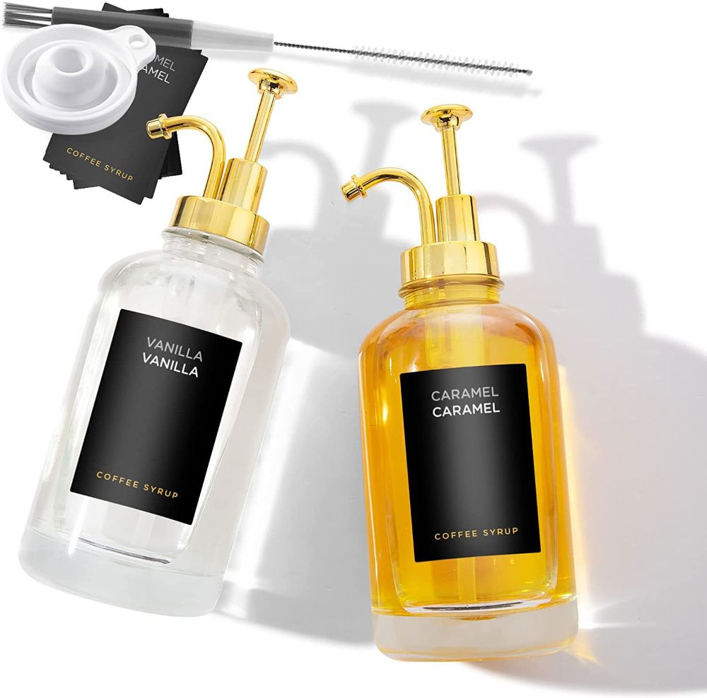 2 Pcs Coffee Syrup Dispenser Set with Labels Funnel 500ml Reusable ...