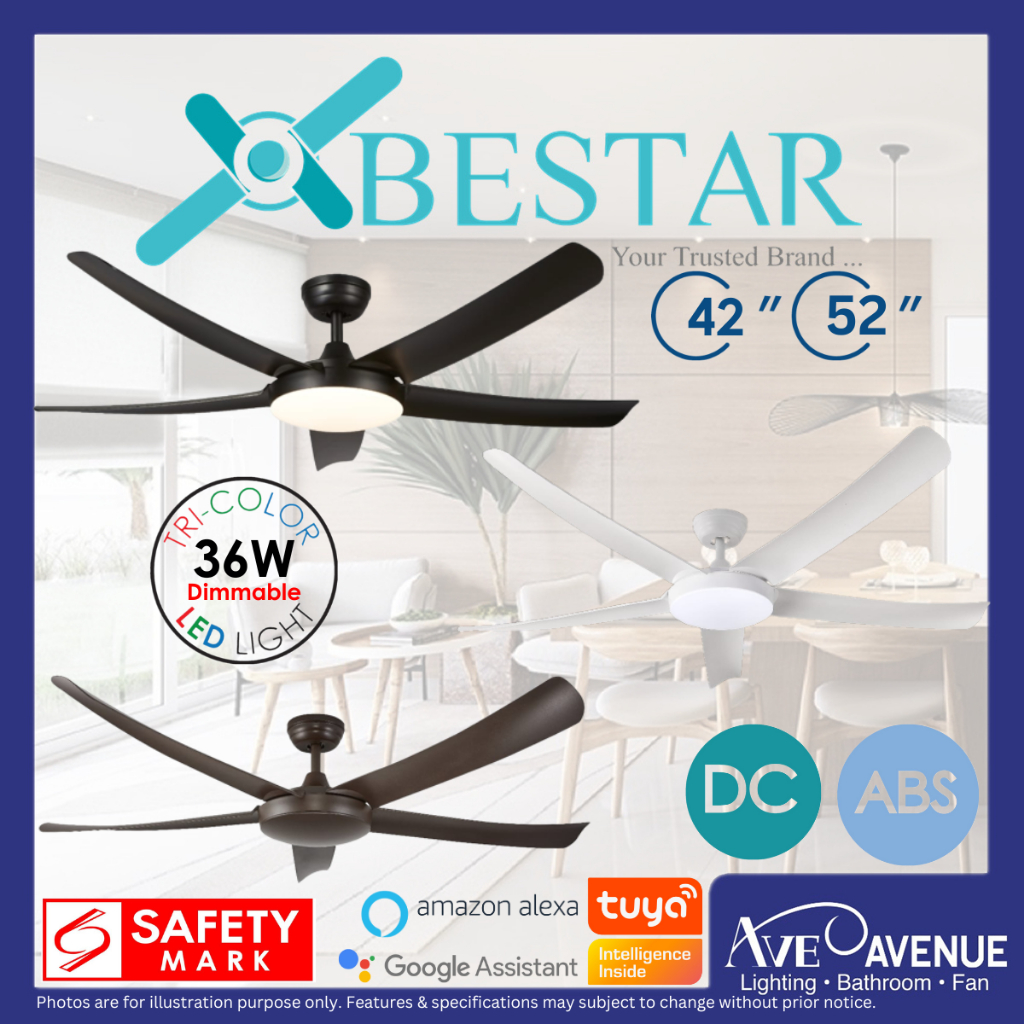 BESTAR Vesta SMART DC Motor 5 Blade Ceiling Fan w/ Dimmable 3 Tone LED ...