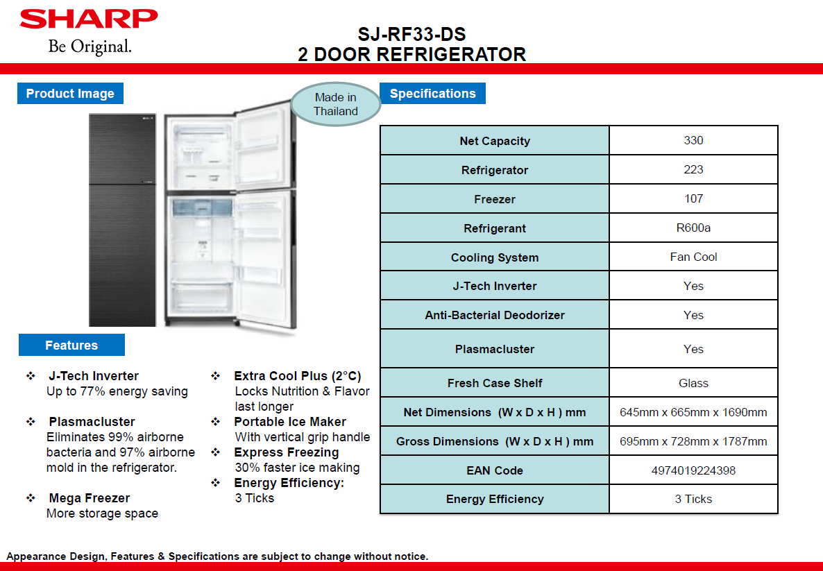 SHARP SJ-RF33E-DS 330L BLACK INVERTER TOP FREEZER REFRIGERATOR | Shopee ...
