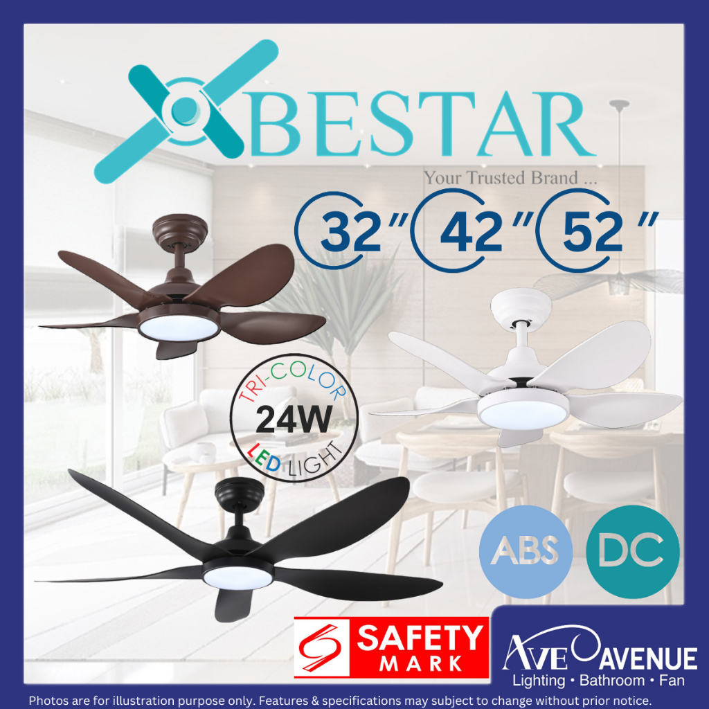 BESTAR Wind DC Motor 5 Blade 32/42/52 Inch Ceiling Fan with 3 Tone LED ...