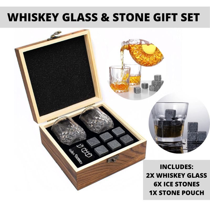 Whisky Glass & Stones Gift Set Wooden Box with 2 Glass 6 Ice Granite ...