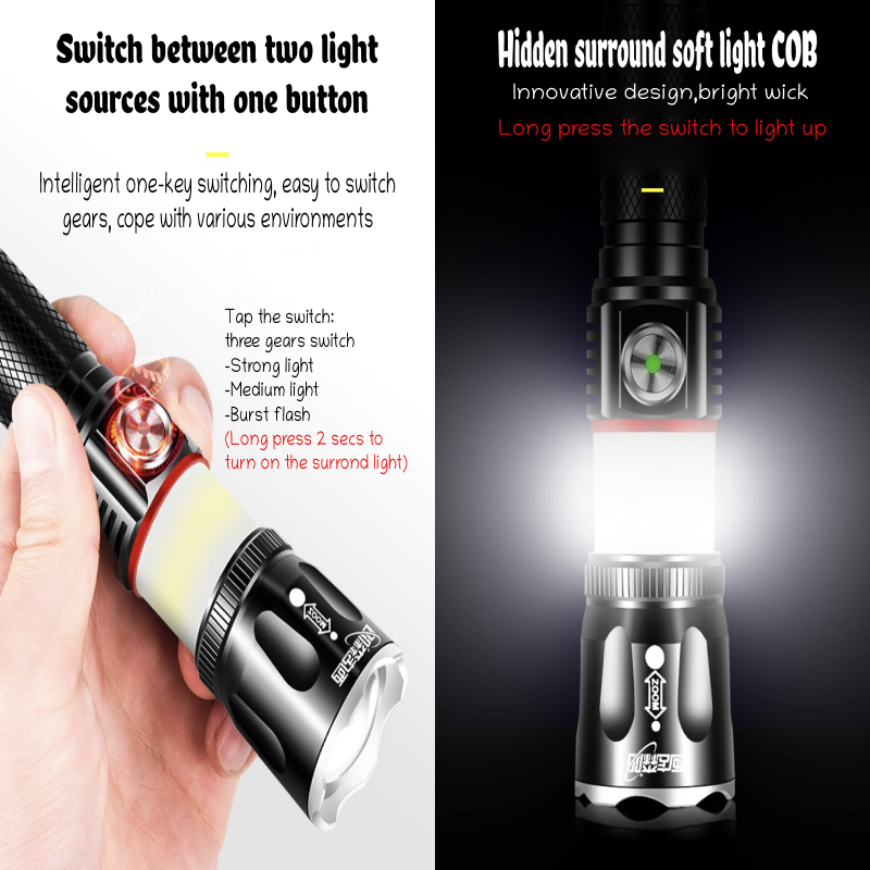 Multifunction Dual Light Source Torchlight USB Rechargeable Telescopic ...