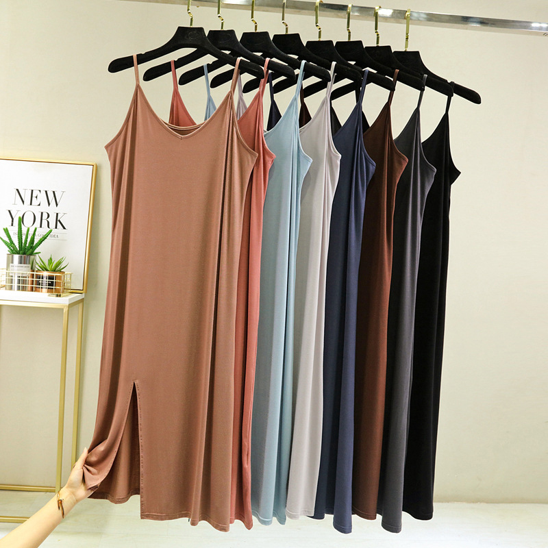 Brand New Round V-Neck Sleeveless Spaghetti Modal Strap Long Maxi Midi ...