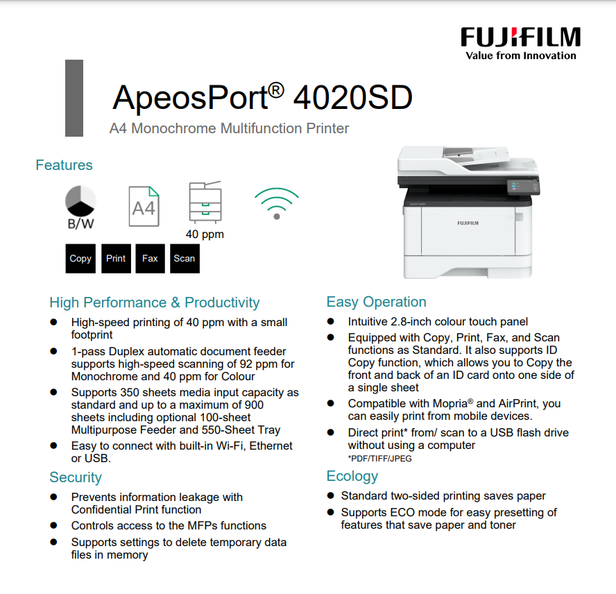 Fujifilm ApeosPort 4020SD A4 Monochrome Multifunction Printer | Shopee ...
