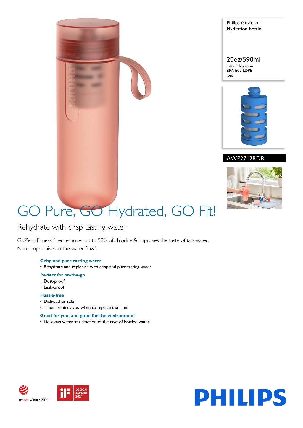 Philips AWP2712BLR/97 Go Zero Active Hydration Water Bottles | Shopee ...