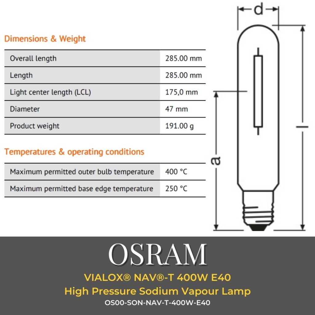 [KLS Lighting] Osram VIALOX NAV-T 400W E40 High-pressure Sodium Vapor ...