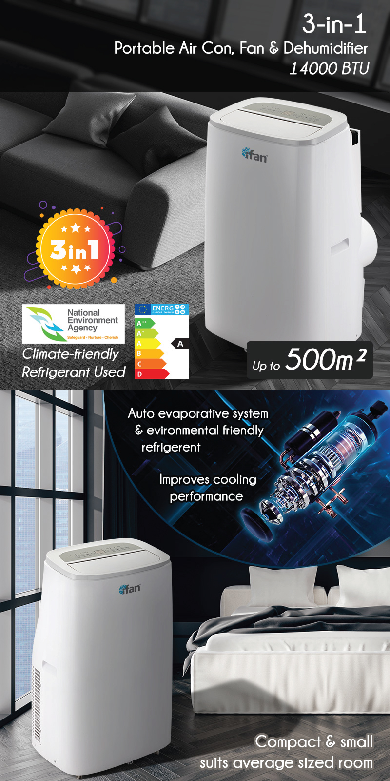 iFan 3IN1 Portable Aircon 10K-14KBTU Portable Air Conditioner, Air ...