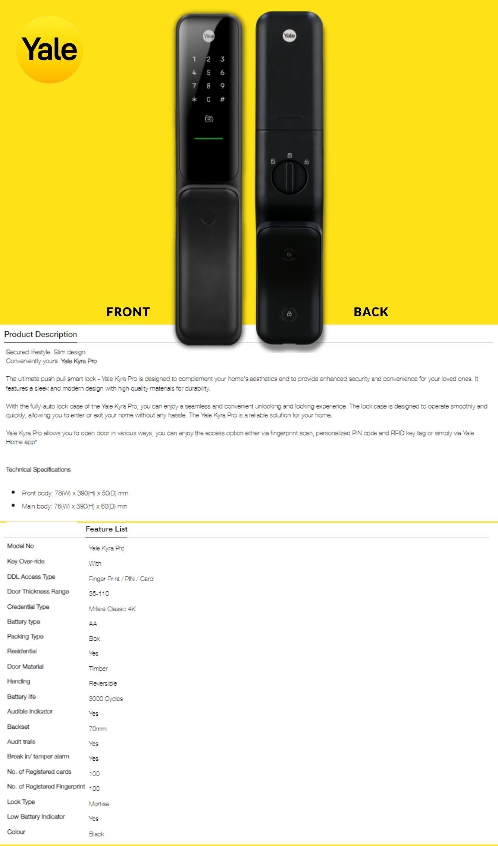 Yale YDR30GA and KYRA PRO Push Pull Digital Lock (Comes with Free Gift ...