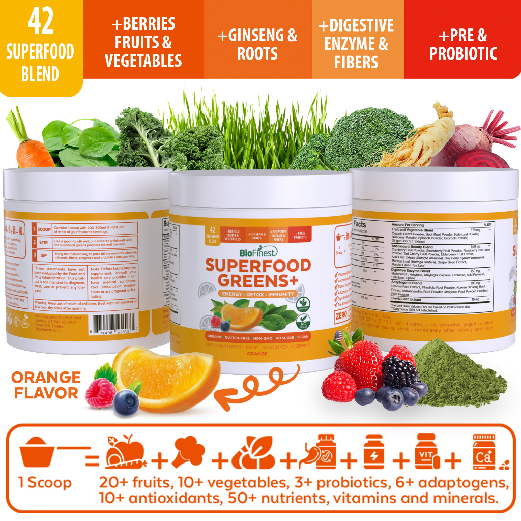 Biofinest Superfood Greens+ Powder Drink Probiotics Enzymes Fibers Acai ...