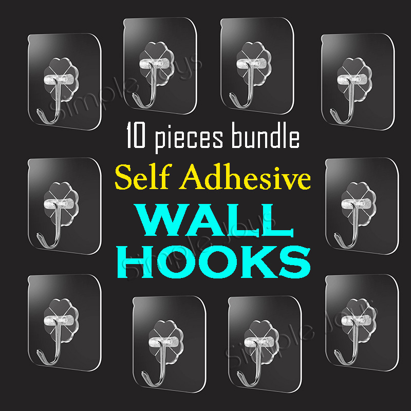 [10 pieces] Strong Wall Self Adhesive Sticker Hook No Drill | Shopee ...