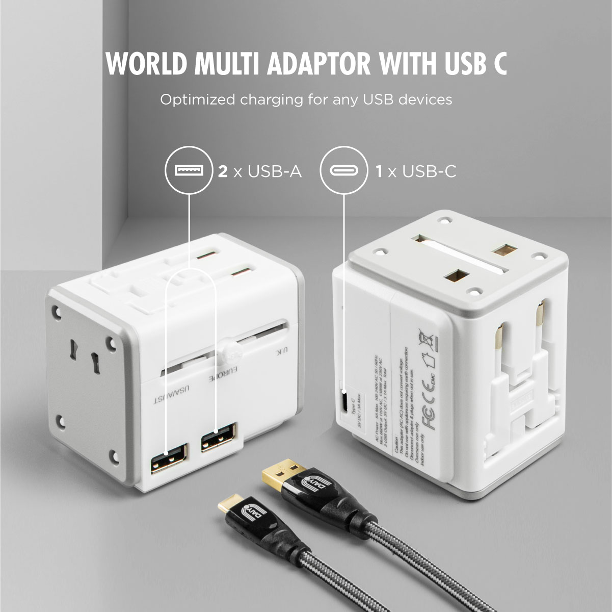 Daiyo DE 318 Travel World Multi Adaptor 3.1A, 2 USB-A + 1 USB-C Port ...