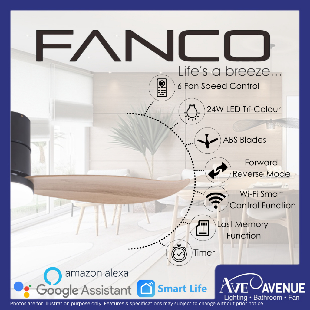 Fanco Co-Fan Rito-3 DC Ceiling Fan Smart Wi-Fi 3 Blade 46/52 Inch with ...