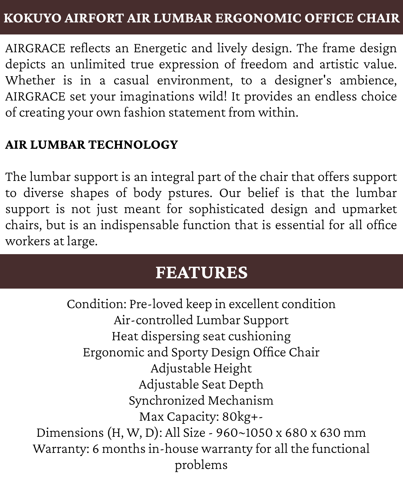 KOKUYO AIRFORT Air Lumbar Ergonomic Office Chair (Black) - For Home and ...