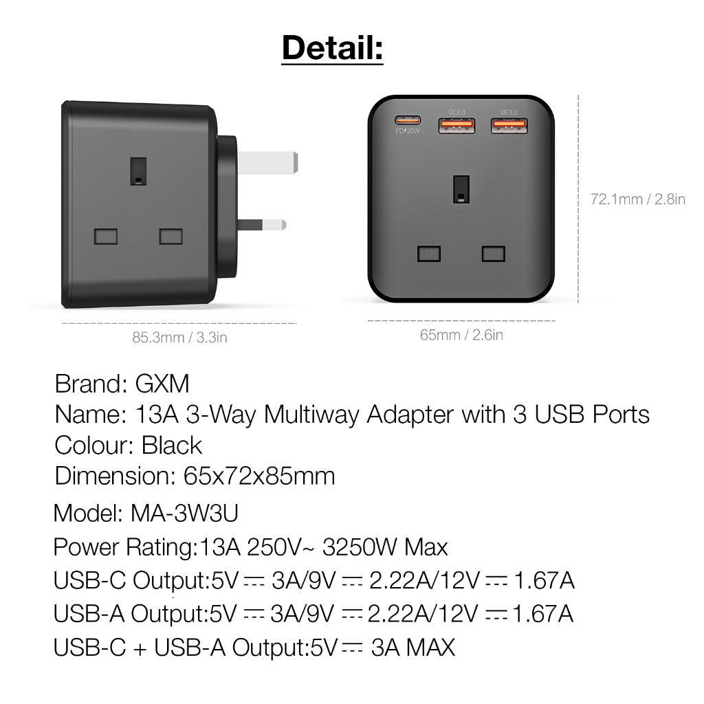 GXM 20W 13A 3-Way Safety Mark Multiway Adapter Wall Charger with 3 USB Ports Type-C USB | Shopee ...