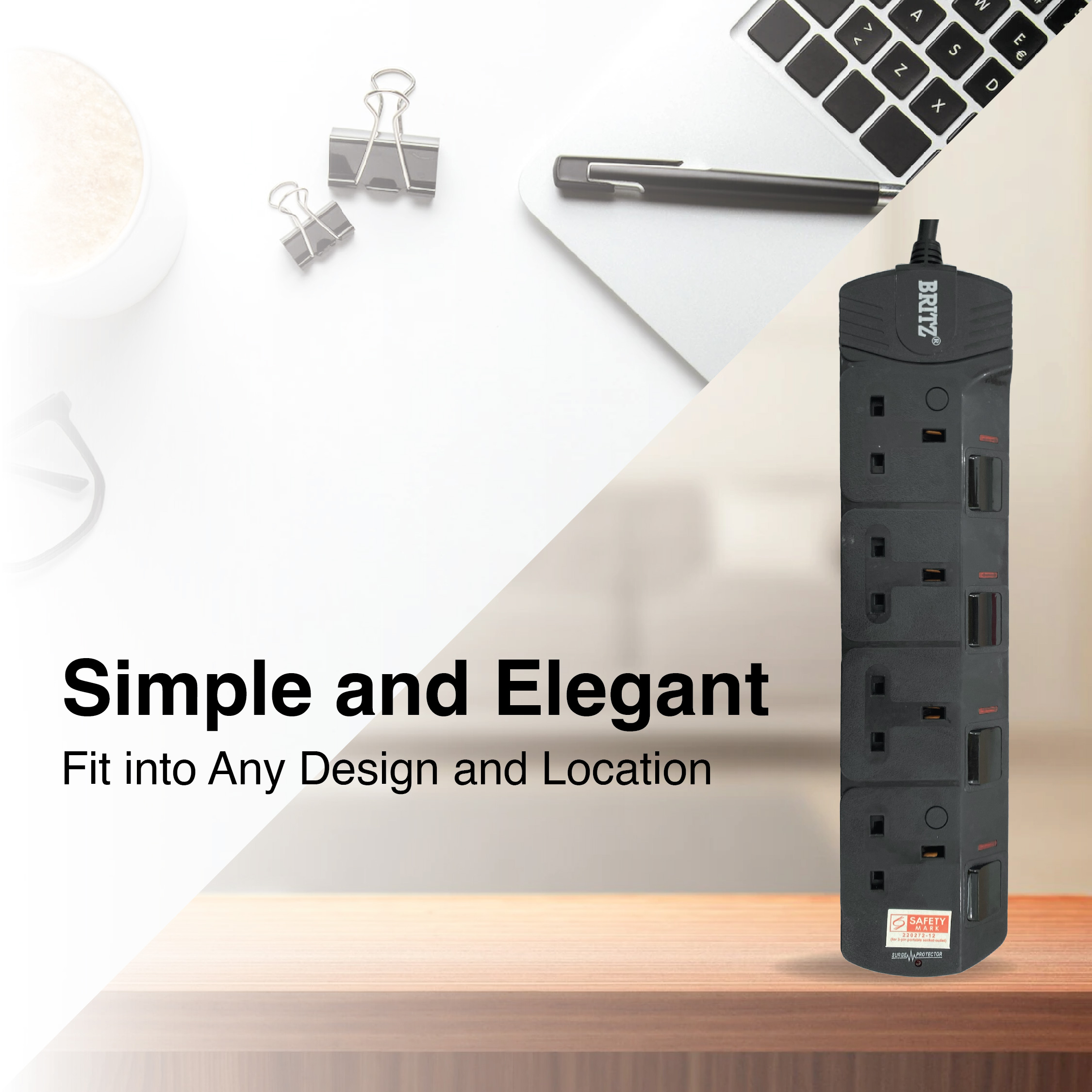 BRITZ 3 Meters Black Extension Socket Cord Plug Bar , Surge Protector ...