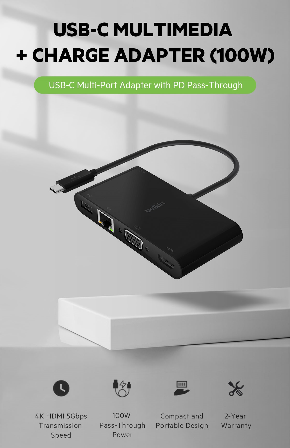 Belkin AVC004btBK USB-C Multimedia + Charge Adapter 100W (laptop ...