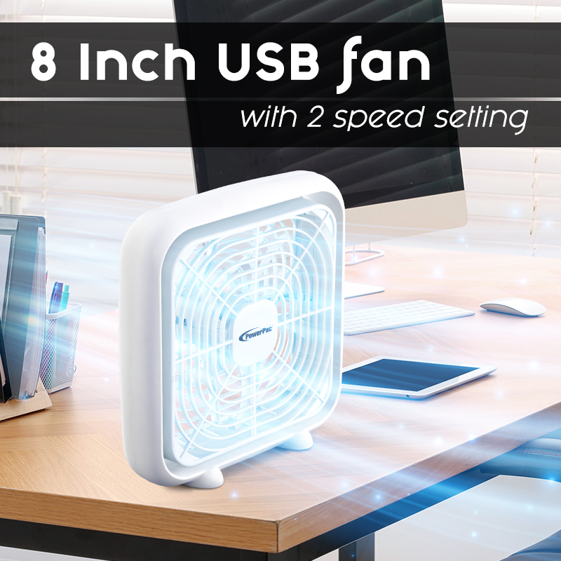 PowerPac 8" Box Fan – USB, Table/Floor Fan, Strong Airflow, 90 ...