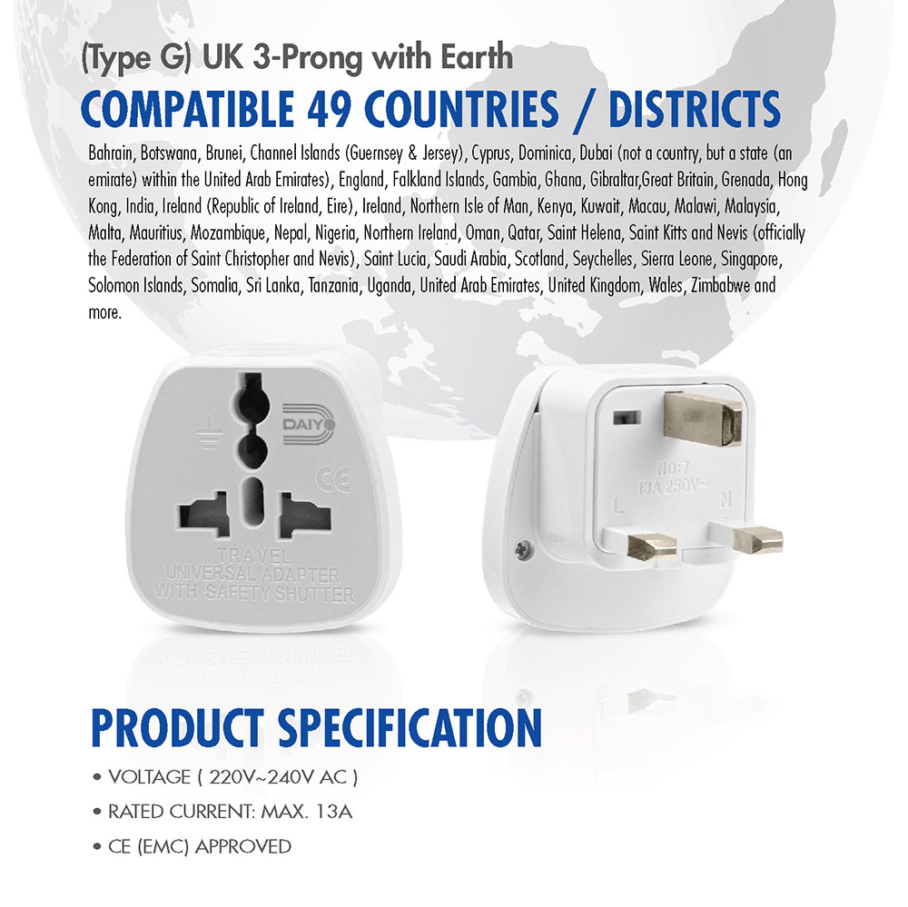 Traveller Adaptor UK 3-Prong With Earth X 2 Pieces | Brunei, Hong Kong ...