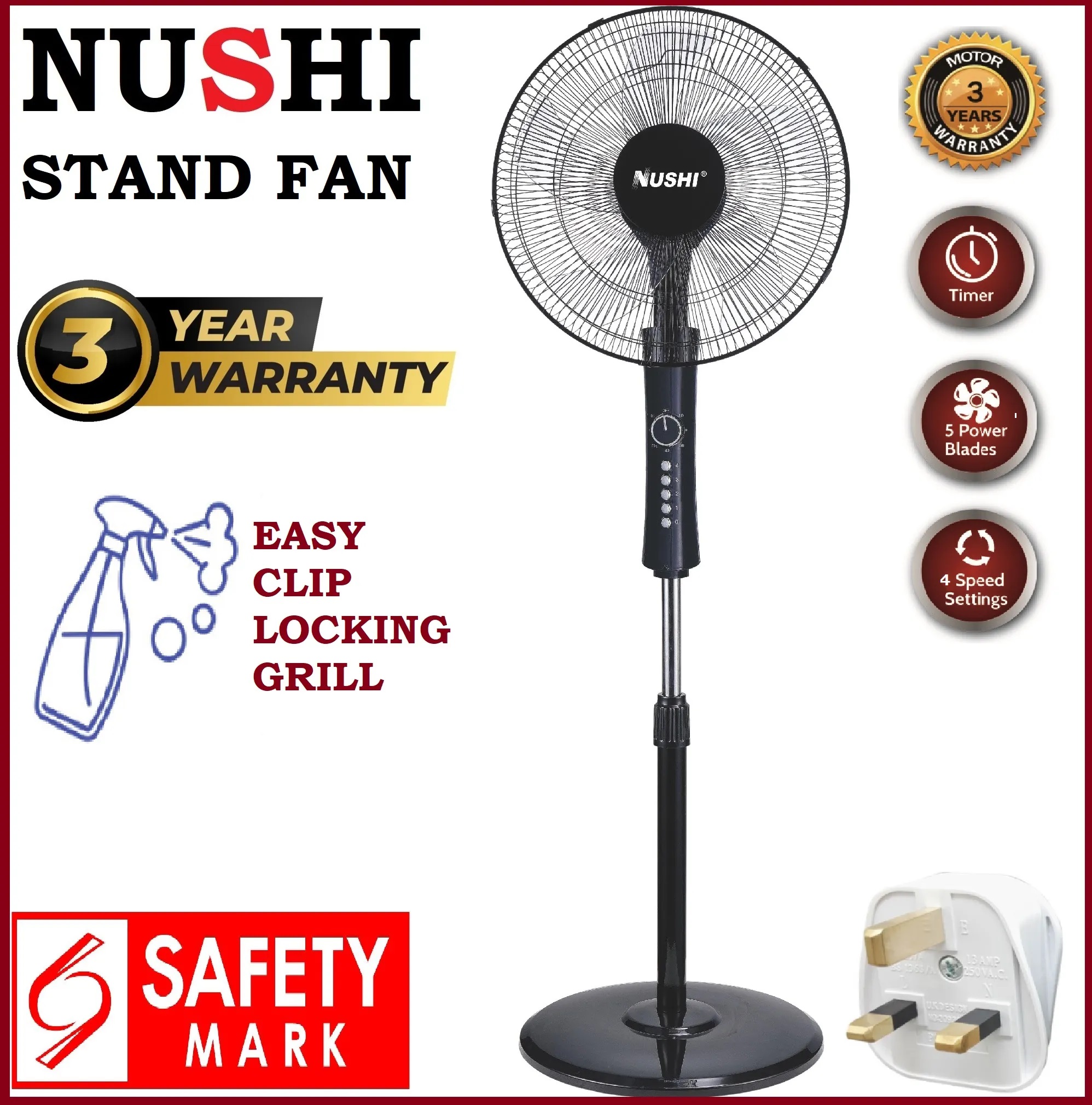 NUSHI STAND FAN / 4 SPEED / POWERFULL 60 WATTS COPPER MOTOR / 3 YEAR ...