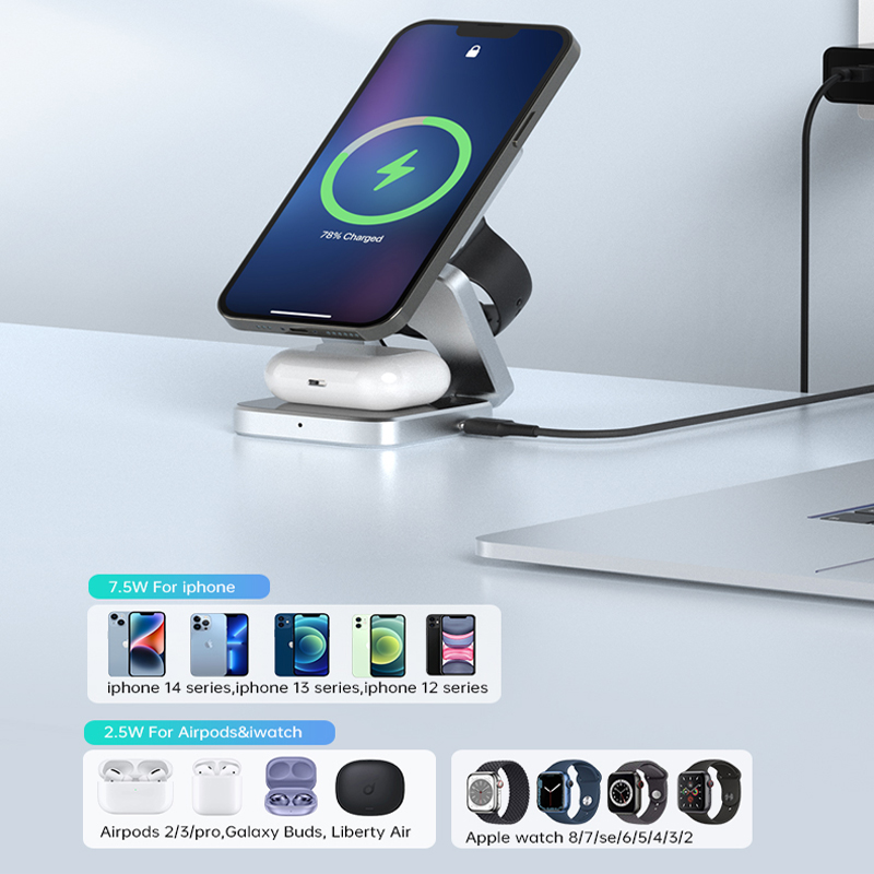 3 in 1 Magnetic Wireless Charger Stand Pad FoldableFast Charging Dock ...