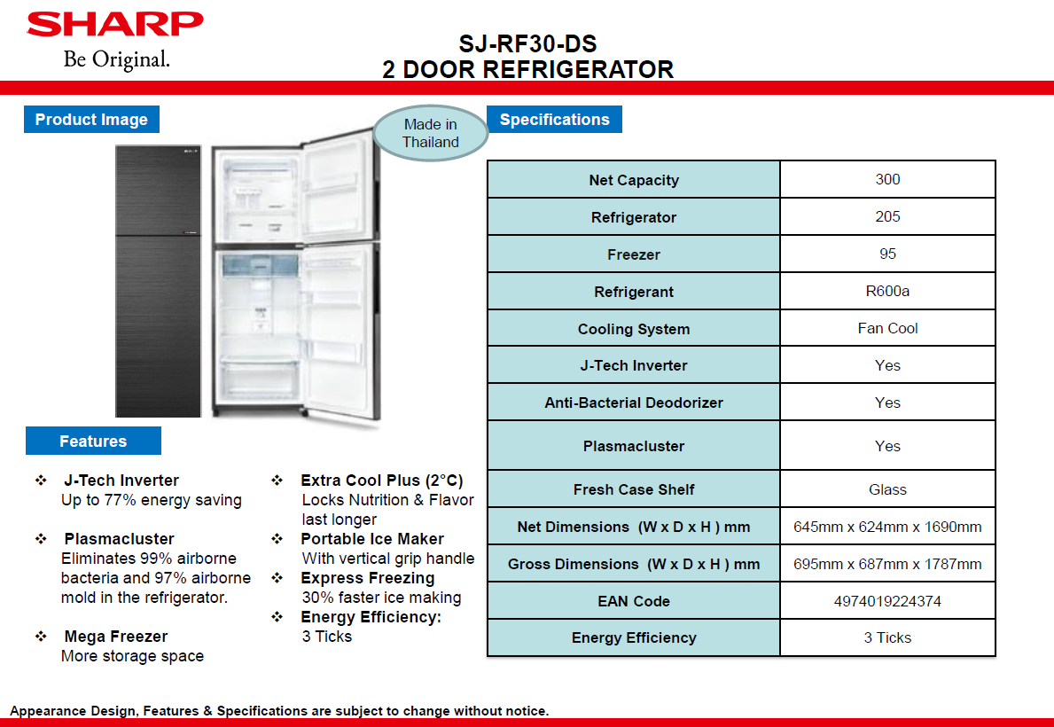 SHARP SJ-RF30E-DS 300L BLACK INVERTER TOP FREEZER REFRIGERATOR | Shopee ...