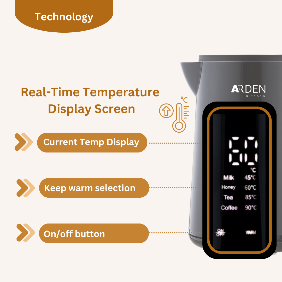 Arden Kitchen 1.7L Digitial Electric Kettle Real-Time Temperatre Screen ...