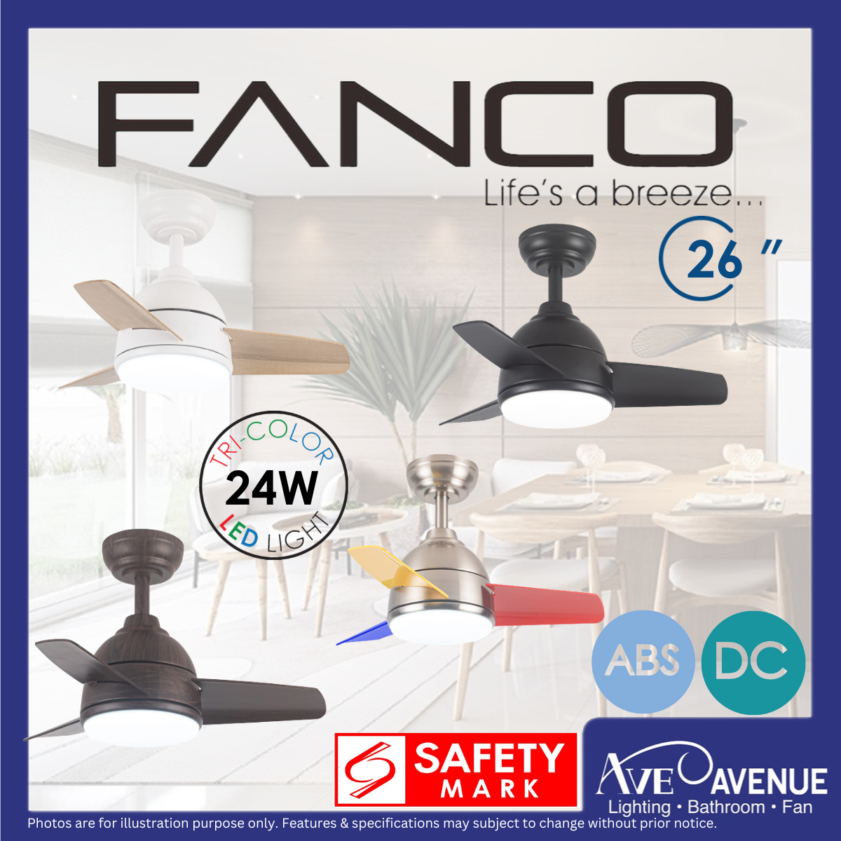 Fanco Co-Fan Bee DC Motor 3 Blade Ceiling Fan with 3 Tone LED Light Kit ...