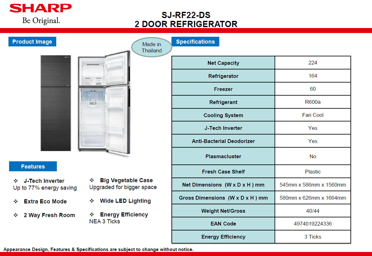 SHARP SJ-RF22E-DS 224L 2 DOOR INVERTER REFRIGERATOR | Shopee Singapore